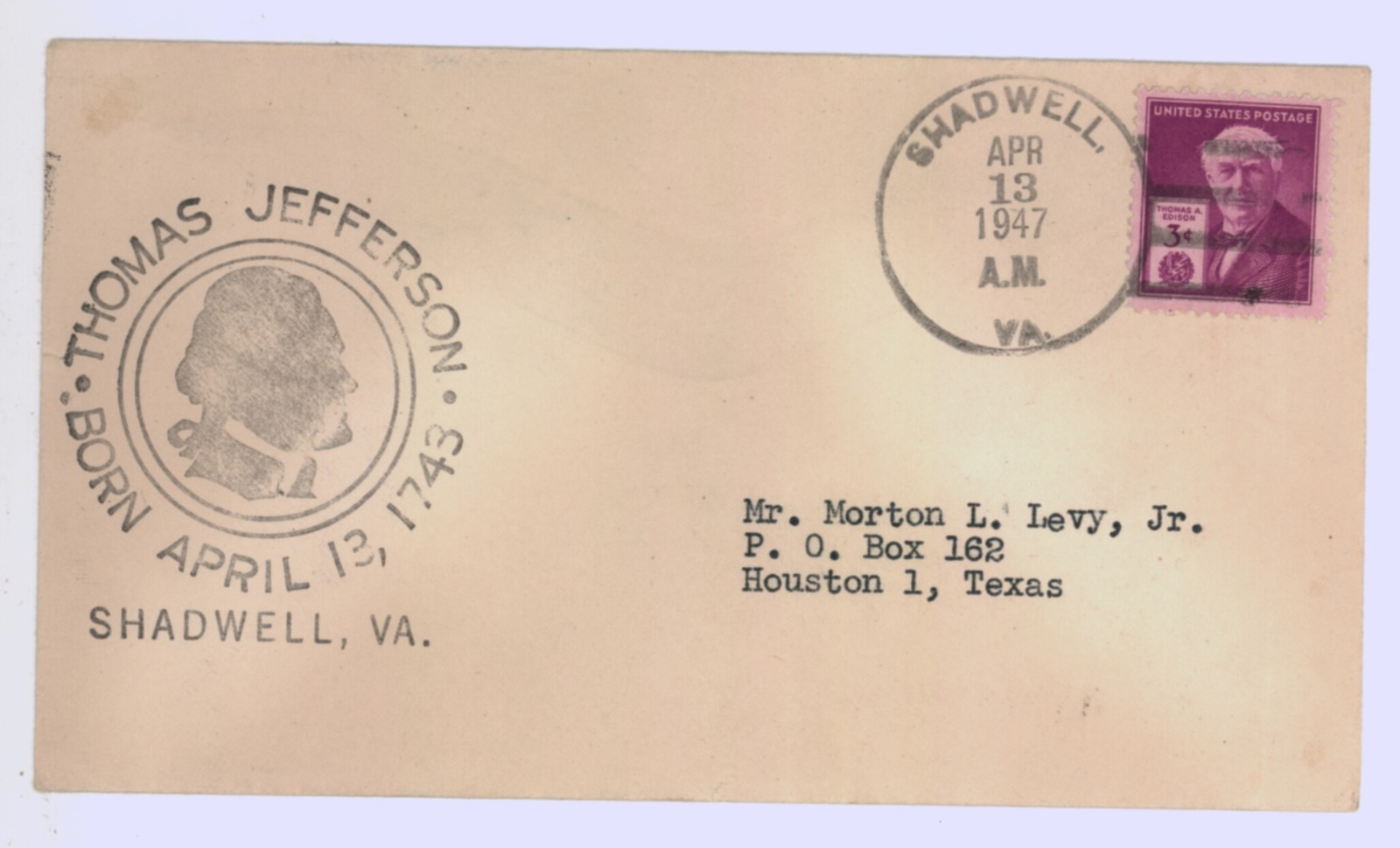 1947 Shadwell VA Thomas Jefferson Birthplace Cover! Scott #945 Thomas ...