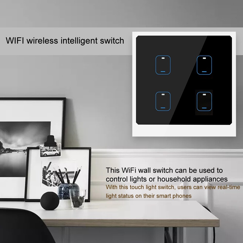 Remote Control 4 Gang WiFi Touch Light Switch APP Voice Control 90-250V ...