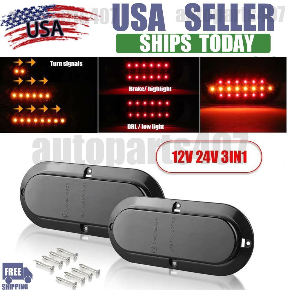 2X Oval Stop LED Turn Tail Brake Lights Amber + Red Flowing DRL Trailer ...