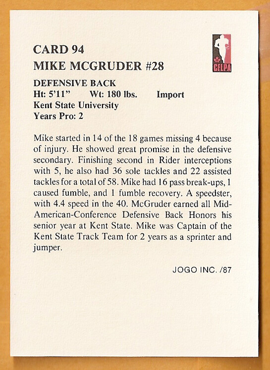 Mike McGruder 1987 Jogo CFL card #94 Saskatchewan Roughriders Kent ...