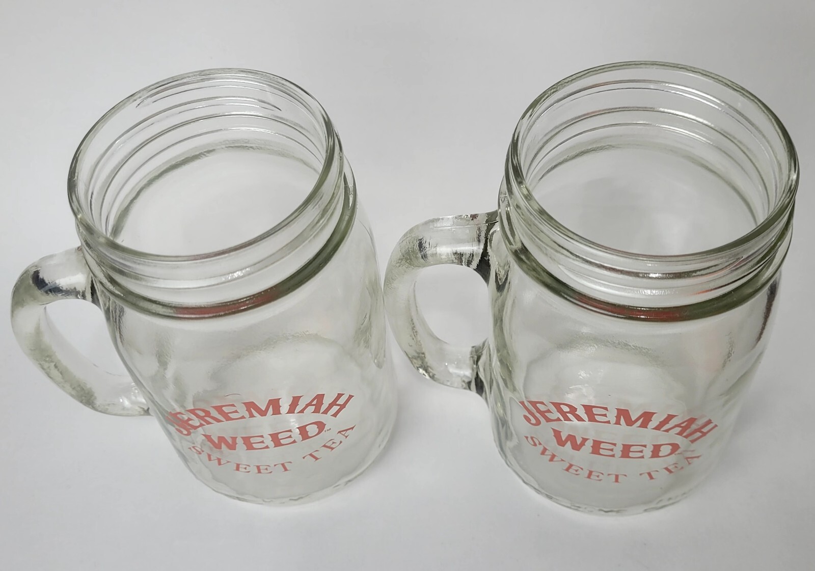 2pc JEREMIAH WEED SWEET TEA MASON JAR 16oz GLASSES LOT MUG HANDLE LOGO ...