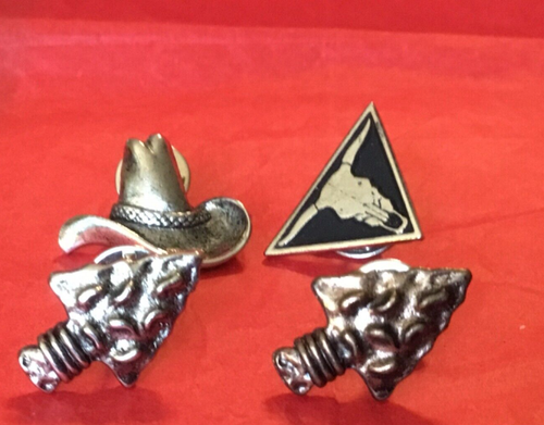 Four (4) Western Style Small Metal Pins Cowboy Hat 2 Arrowheads & Steer ...