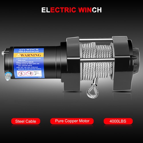 4000LBS Electric Winch 12V Towing Trailer Steel Cable Off Road w ...