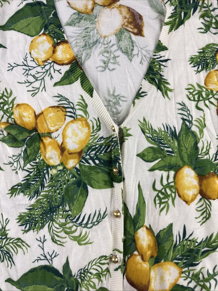 Talbots Small Petite Lemons Print Button Down Sweater 3/4 Sleeve Women ...