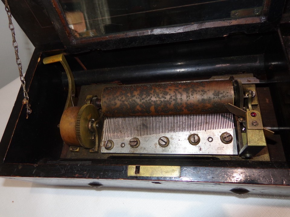 Antique 1880s Working Swiss Cylinder Roll 14" Wood Music Box w/ Inlaid ...