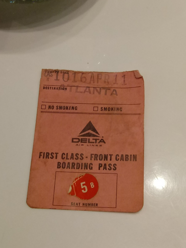 1970's Delta Airlines First Class Boarding Pass 1016 To Atlanta Seat 5b ...