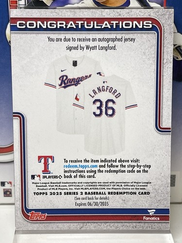 2025 TOPPS SERIES 2 - Wyatt Langford Auto Jersey - Fanatics Redemption ...