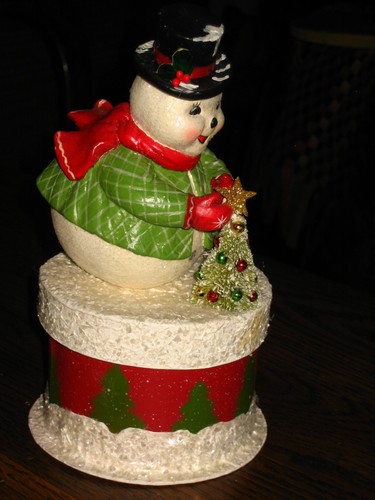 Snowman w/ Tree Christmas Candy Gift Container Bethany Lowe Designs 7.5 ...