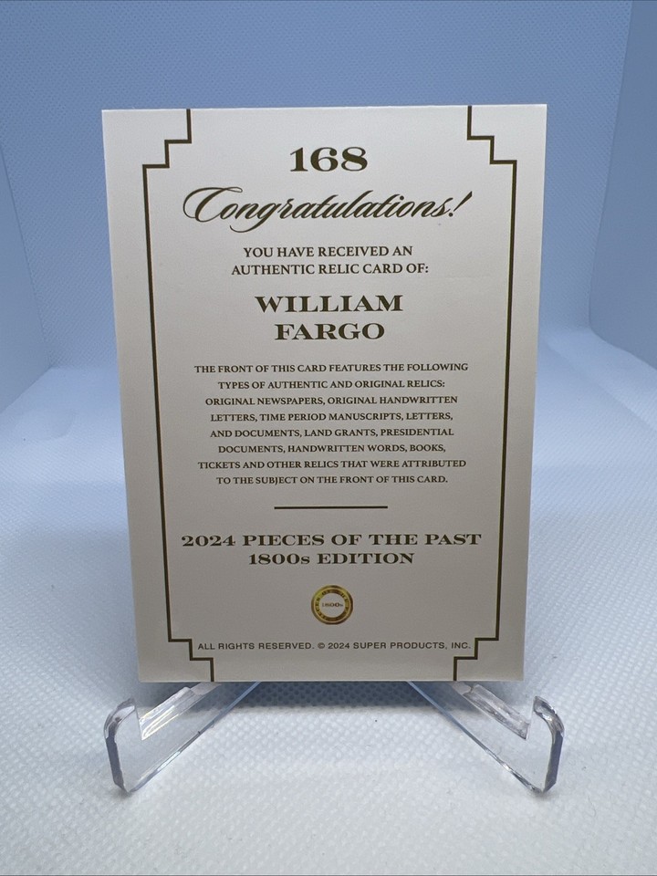 William Fargo 2024 Authentic Pieces of the Past Relic Card 1800 Edition ...