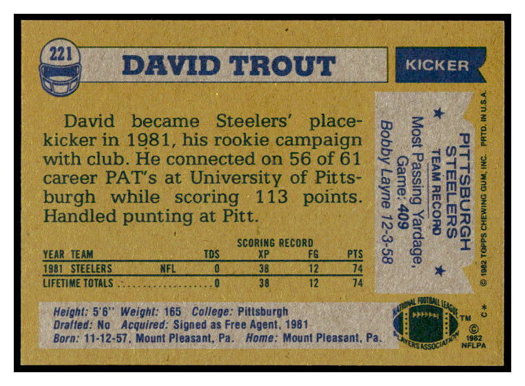 1982 Topps #221 David Trout Pittsburgh Steelers Rookie Excellent | eBay