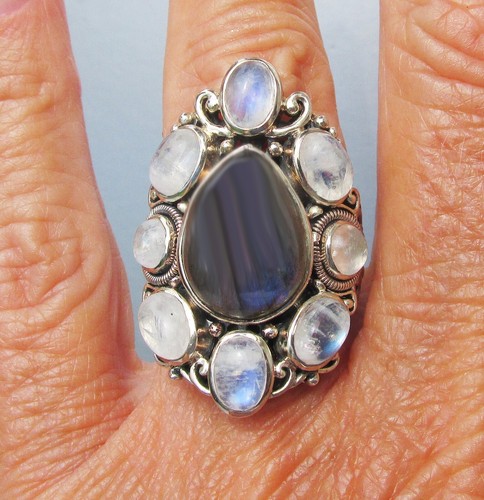 Signed Robert MANSE Bali Labradorite Moonstone Sterling Silver Ring Sz ...