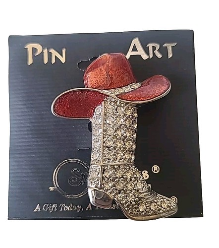 New Silver Tone Western Brooch Cowboy Boot Rhinestone Crystal Shoe ...