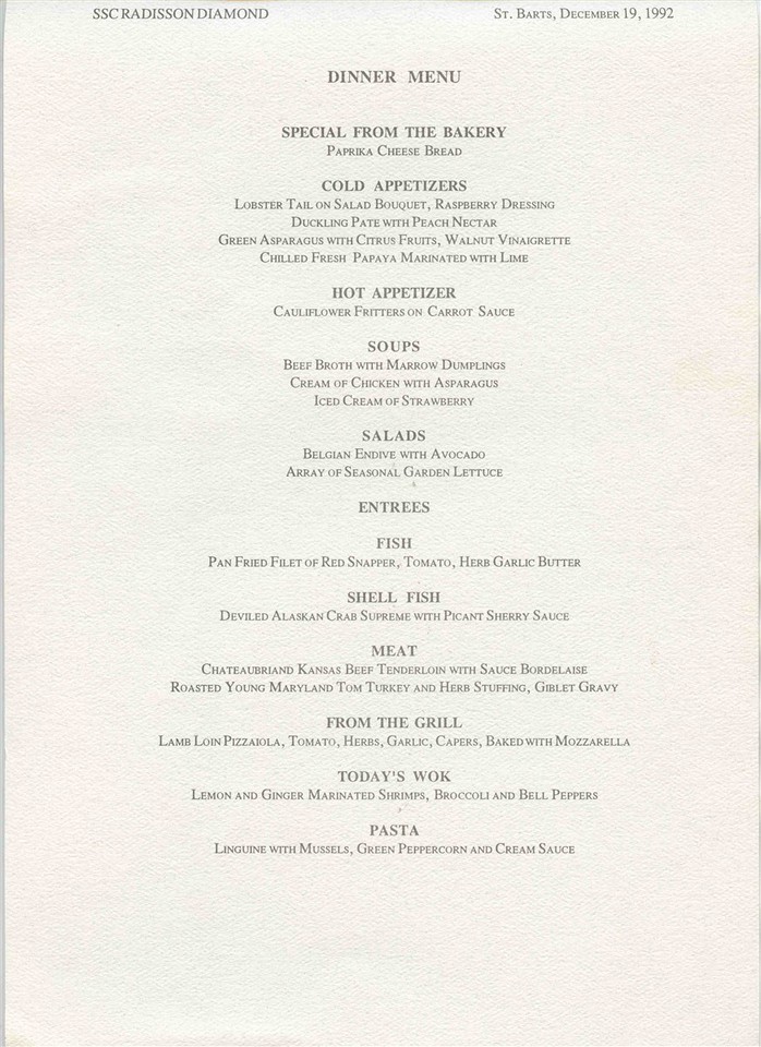 SSC Radisson Diamond Dinner Menu St Barts December 19, 1992 | eBay