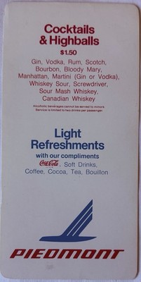 Piedmont Airlines Drink Menu - c. 1982 | eBay