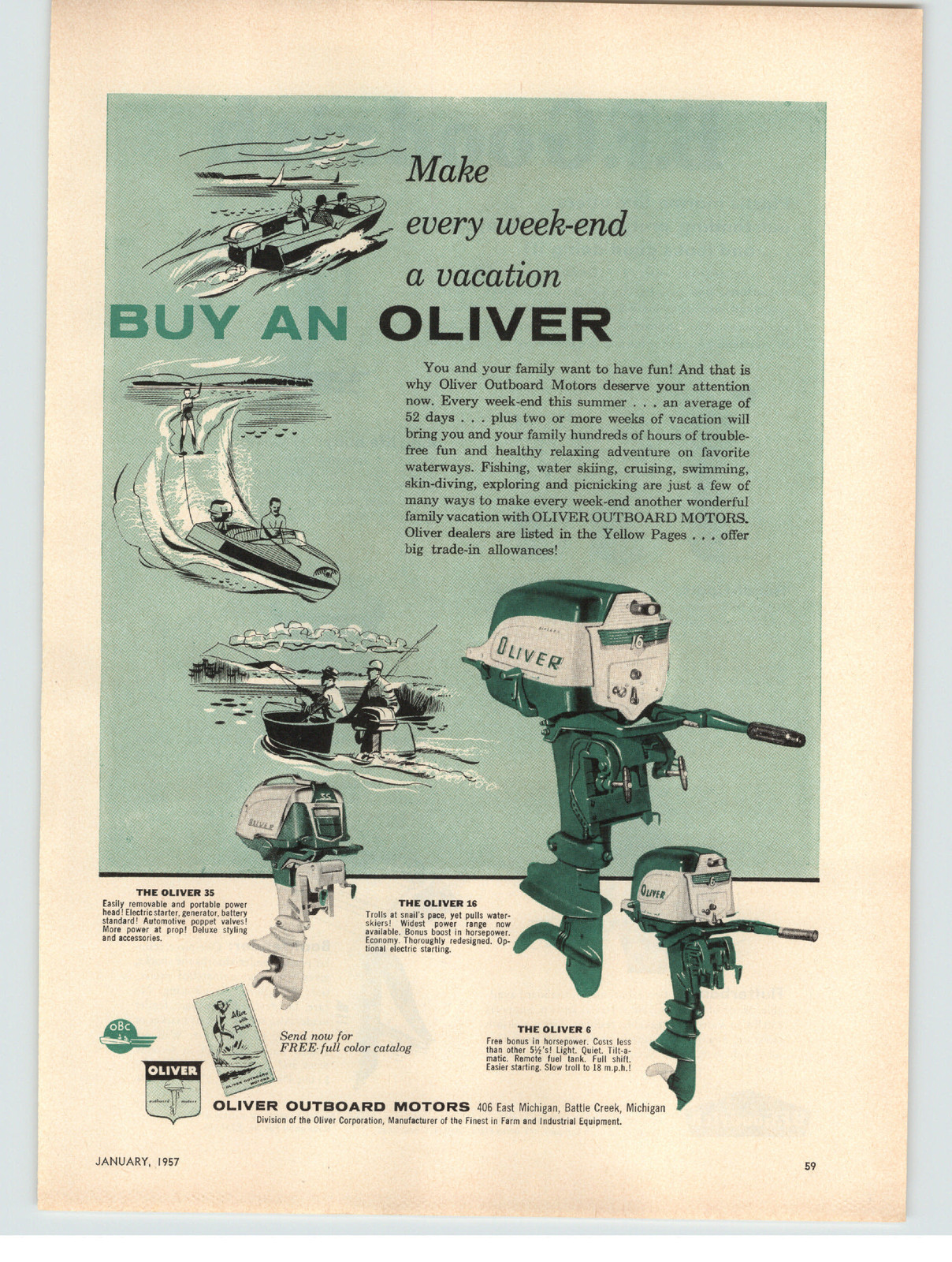 1957 PAPER AD Oliver Outboard Motor 35 16 6 HP Batle Creek Mich ...