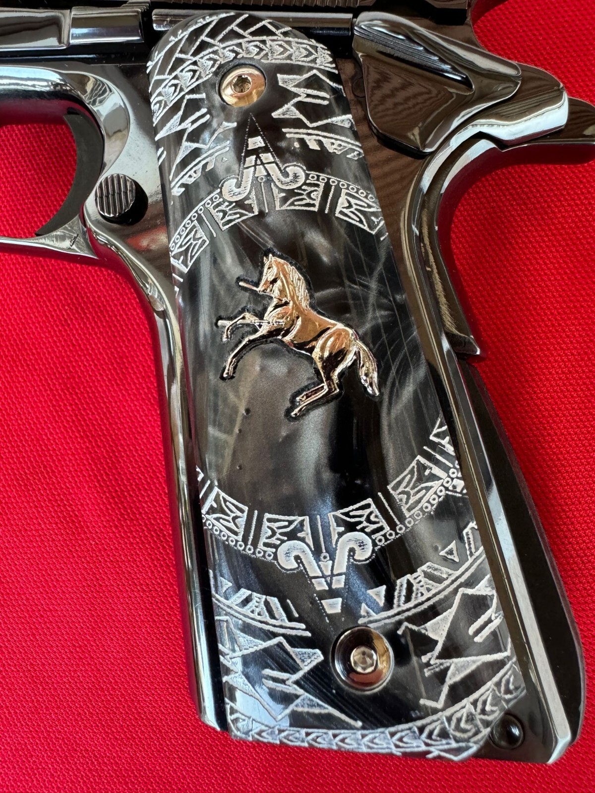 1911 Colt NickelPlated Horse Pearl Aztec Motif Engraved grips 45 38 ...