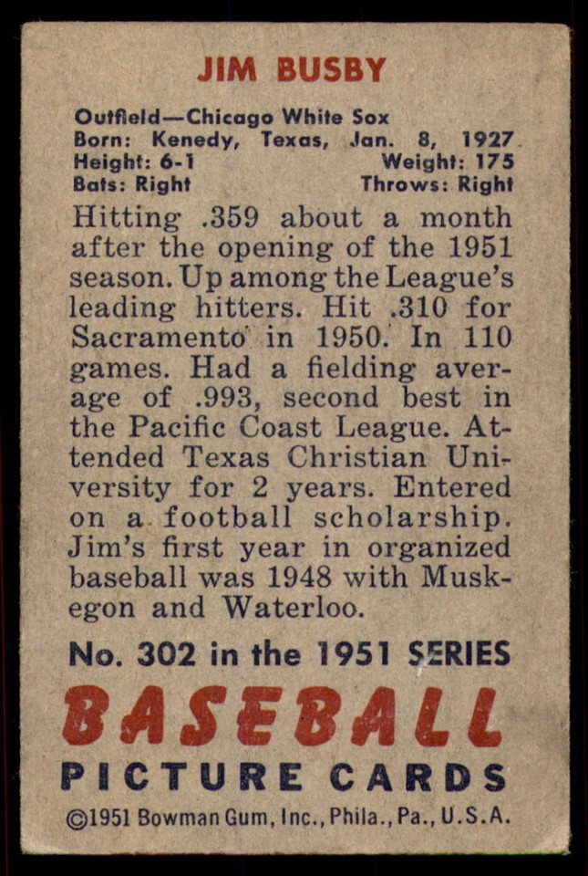 1951 Bowman #302 Jim Busby VG-EX RC Rookie White Sox High Number ID ...
