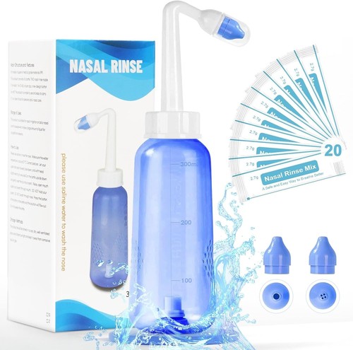 Nasal Rinse Bottle 300ML Neti Pot + 20 Saline Packets Sinus Cleaner Kit ...