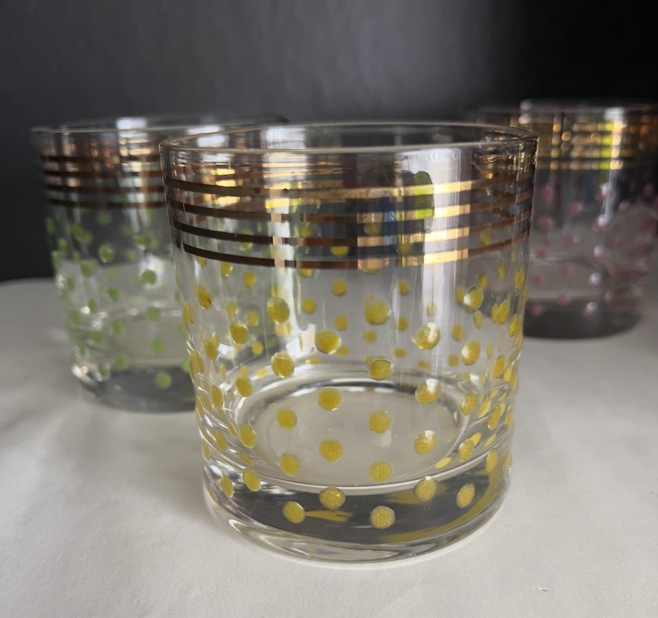 MCM Federal Glass Polka Dot Low Ball Glasses Gold Trim 8 Oz Set of 4 | eBay