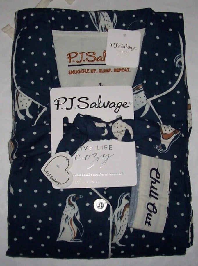 Nwt Pj Salvage Warm Night Sky Blue Penguins Dots Flannel Pajama Set S
