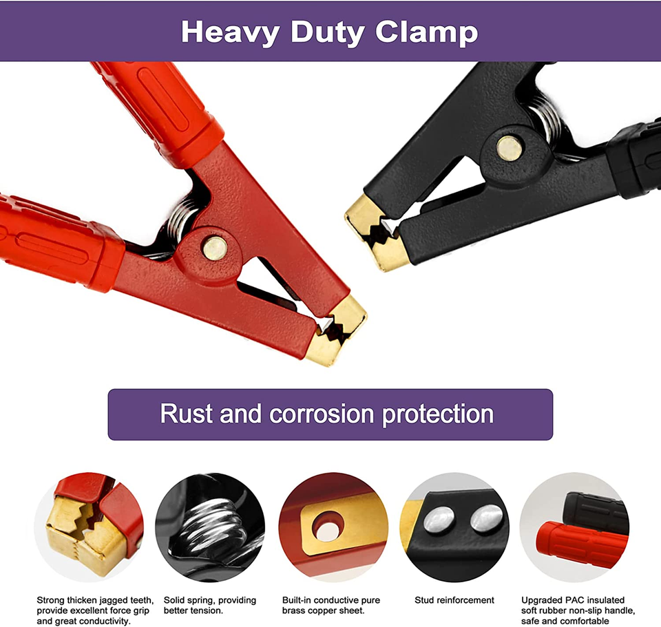 2PCS Battery Jumper Cable Clamps, Heavy Duty Pure Copper Alligator ...
