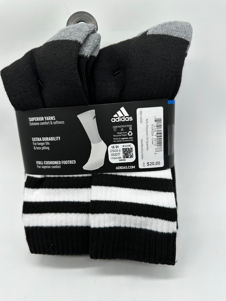 NEW 6 PAIR PACK ADIDAS MENS CREW THREE STRIPE SOCKS SIZE 6-12 CUSHIONED ...