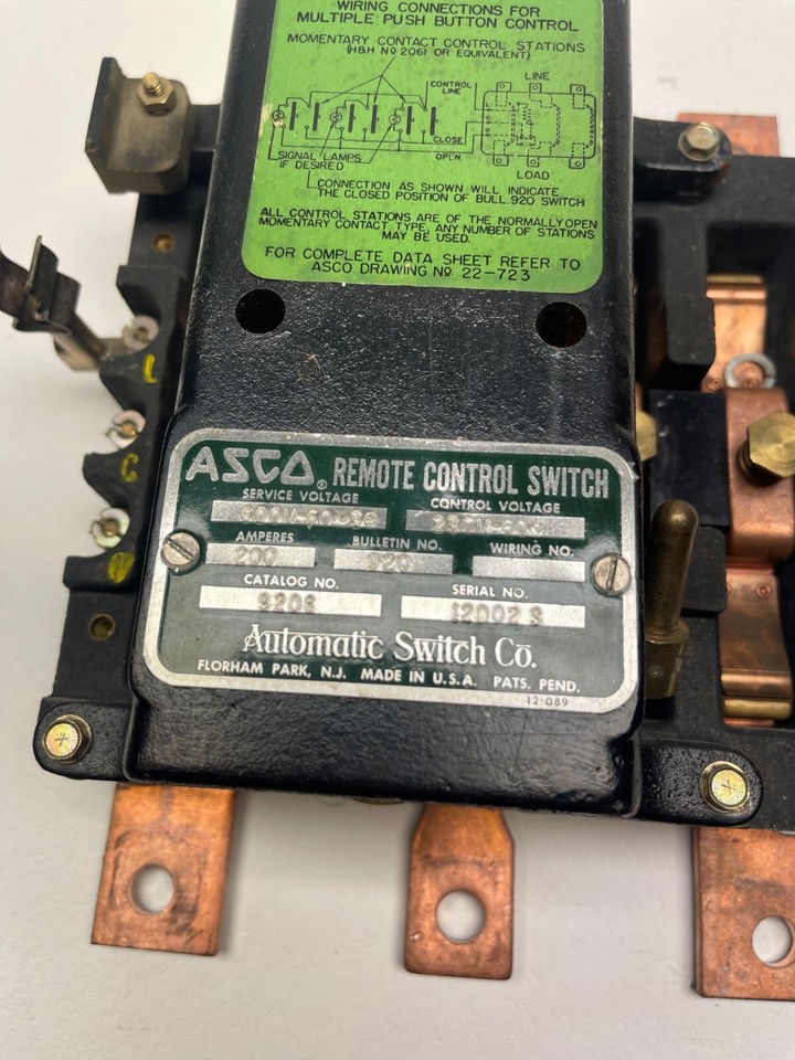 Asco 9206 200A 230V Coil Remote Control Switch Used Tested | eBay