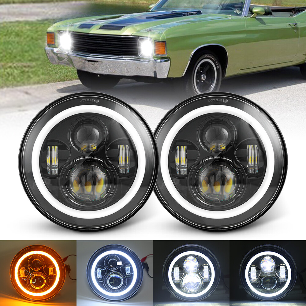 2PCS 7" inch LED Headlights DOT Hi/Lo Beam DRL For Chevy Chevelle 1971 ...