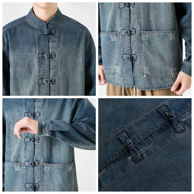 Men Casual Denim Jacket Mandarin Collar Frog Button Chinese Blouse ...