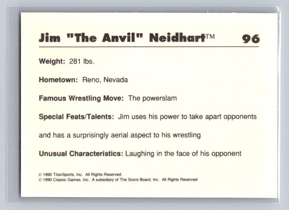 Jim The Anvil Neidhart Hart Foundation 1990 Classic WWF #96 WCW WWE HOF ...