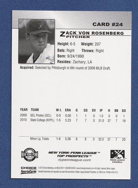 ZACH VON ROSENBERG 2010 Choice RC New York Penn League Top Prospects ...