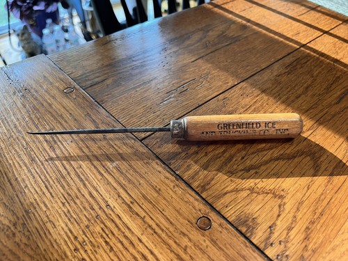 NICE VINTAGE GREENFIELD ICE AND TRUCKING CO ADVERTISING WOOD HANDLE ICE ...