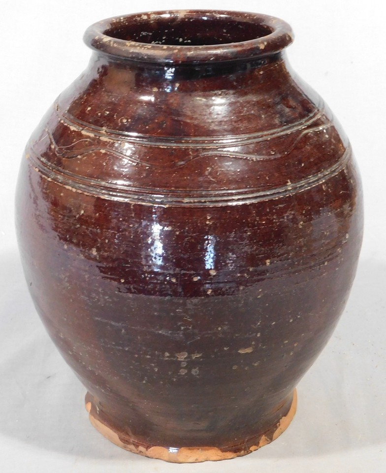 Antique redware storage jar early 19th century lead glaze incise ...