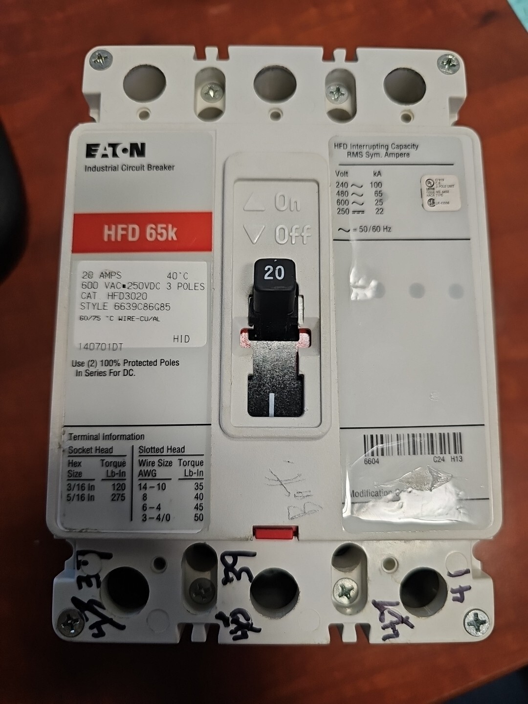 Eaton HFD3020 20 Amp 600V 3 Pole HFD 65k Circuit Breaker-Warranty(Ship ...