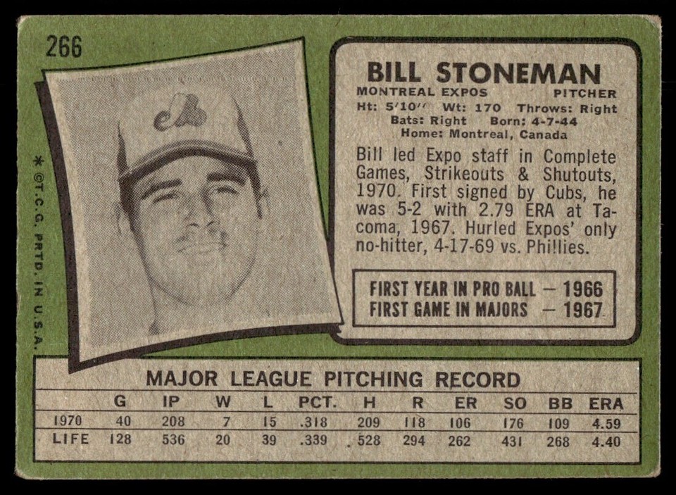 1971 Topps Baseball Bill Stoneman Montreal Expos #266 VG-EX | eBay
