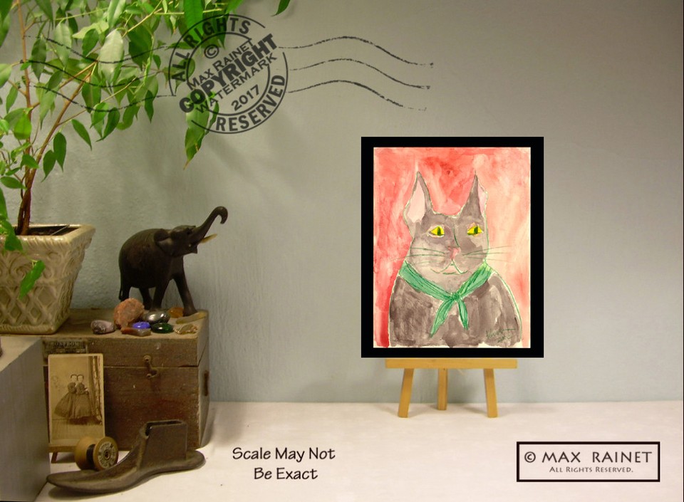 ORIGINAL watercolor PAINTING : Frank the cat SIGNED with red back ...