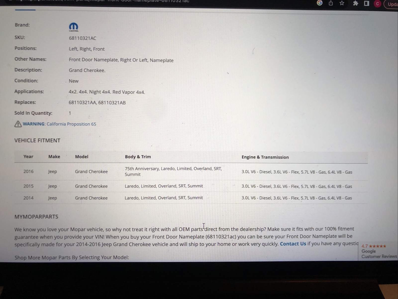 Jeep Grand Cherokee Door Emblem Badge Nameplate 68110321AC OEM A1 for ...