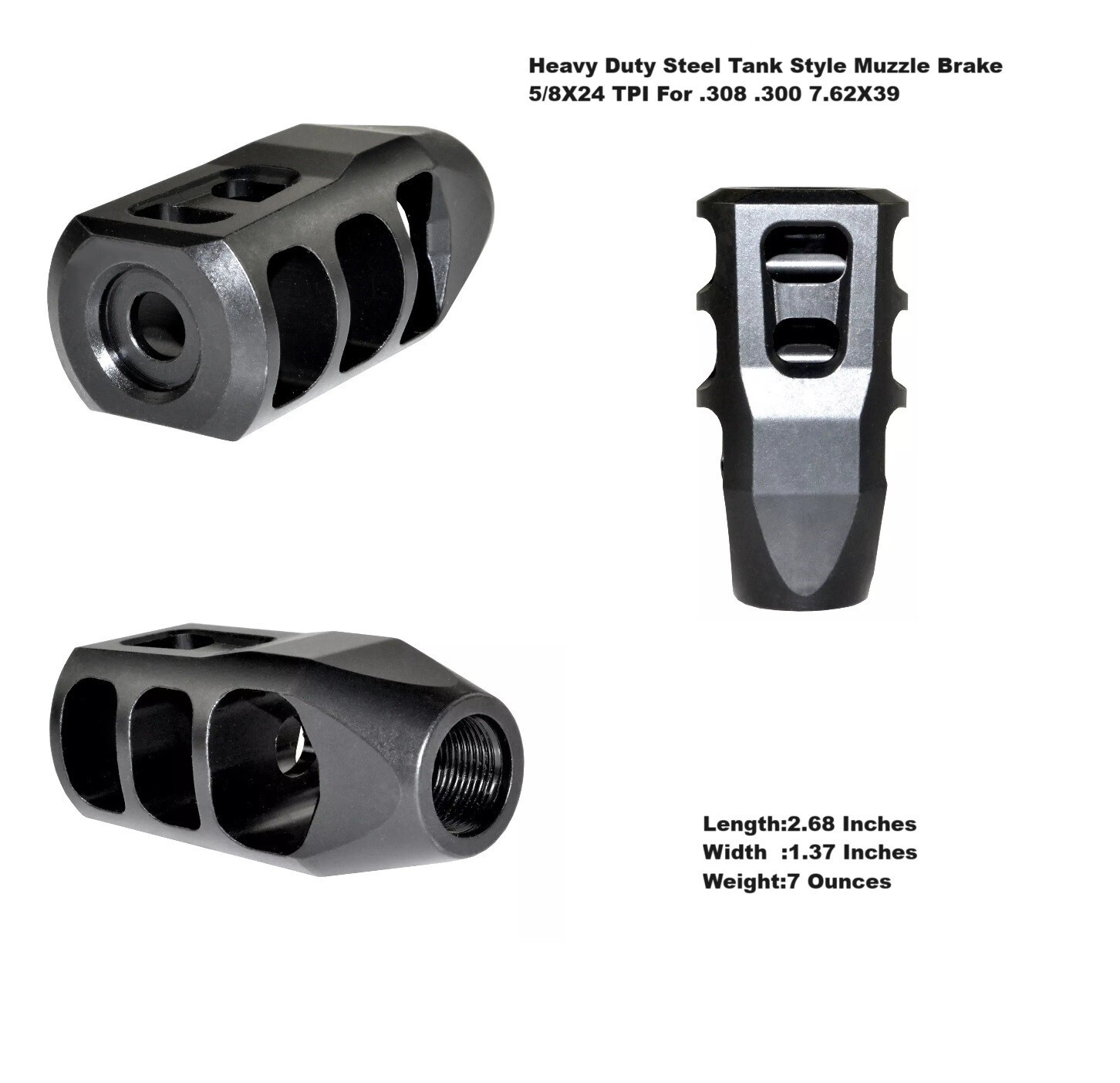 Heavy Duty Steel Tank Style Muzzle Brake 5/8X24 TPI For .308 .300 7 ...