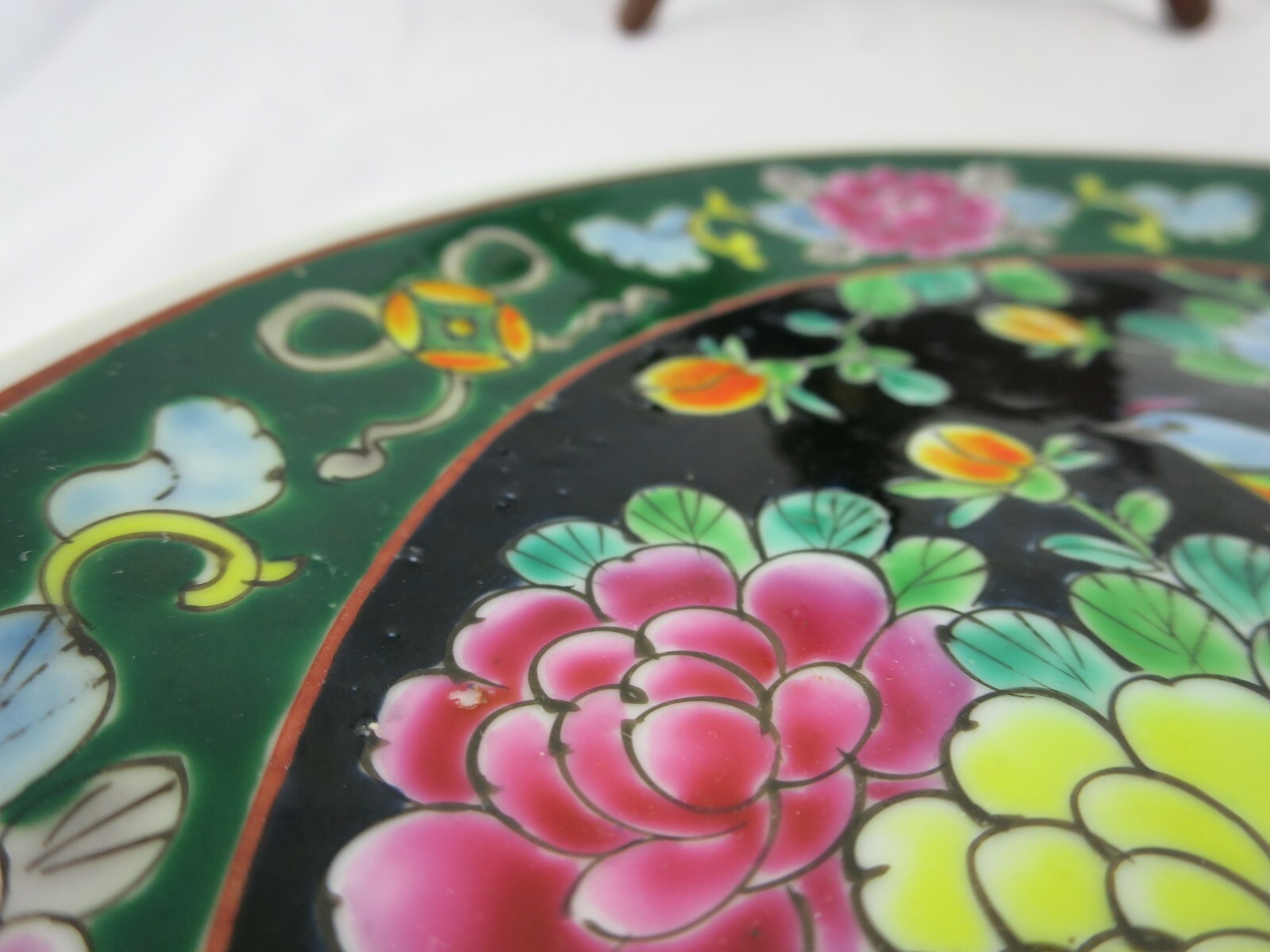 Vtg Japanese Hand Painted Display Plate Floral Bird Green Black Blue ...
