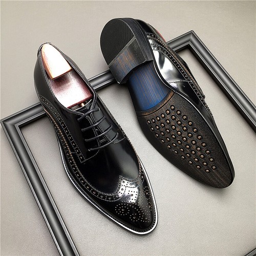 Mens Pointed Toe Brogues Carved Wing Tip Lace Up Real Leather Formal ...