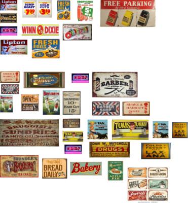 ho scale mercantile row decals 4-pack/grocery, drug store, barber shop ...