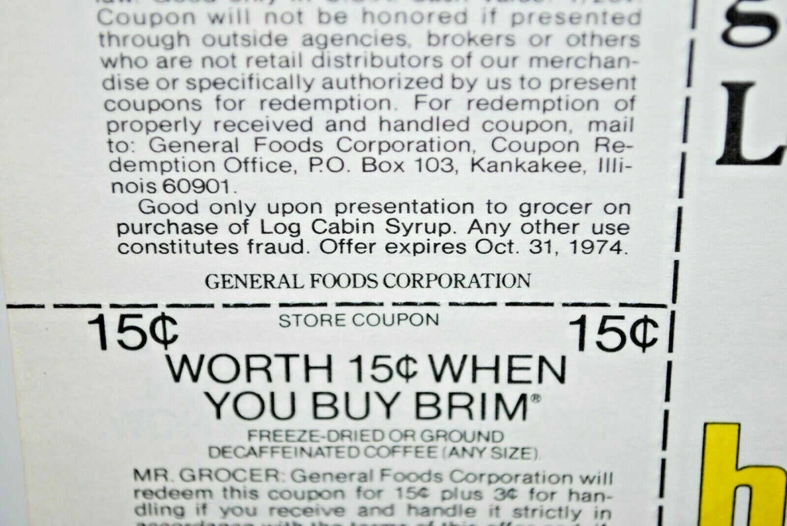 Vintage BRIM INSTANT COFFEE Coupon LOG CABIN SYRUP 1974 GENERAL FOODS ...
