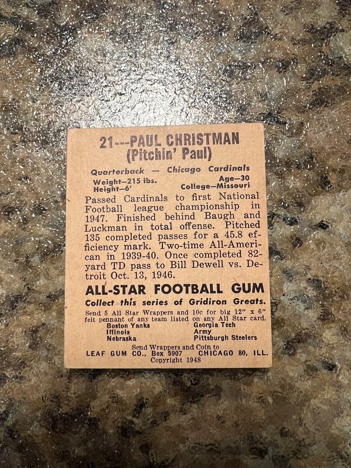 1948 LEAF FOOTBALL CARD #21 PAUL CHRISTMAN EXMT!!!!!!!!! | eBay