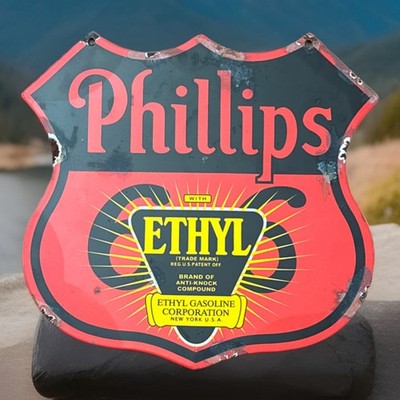 VINTAGE 11 3/4” PHILLIPS ETHYL GASOLINE PORCELAIN METAL MOTOR OIL ...