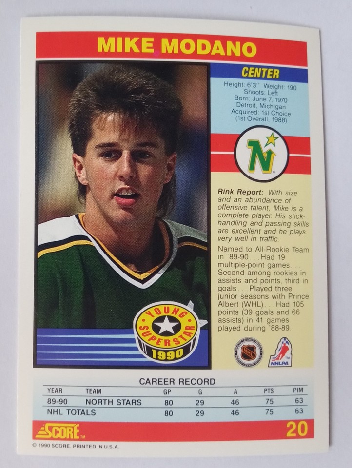 90 91 Score MIKE MODANO Young Superstar Rookie hockey card #20 ...