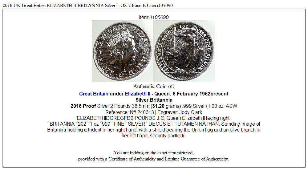 2016 UK Great Britain ELIZABETH II BRITANNIA Silver 1 OZ 2 Pounds Coin ...