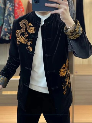 Men Fashion Black Long-sleeved Embroidered Velvet Chinese Style Tang ...