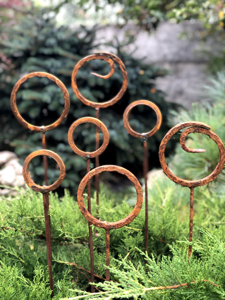 Set of 7 Rusty Metal garden stakes, Rusty garden finials, Metal garden ...