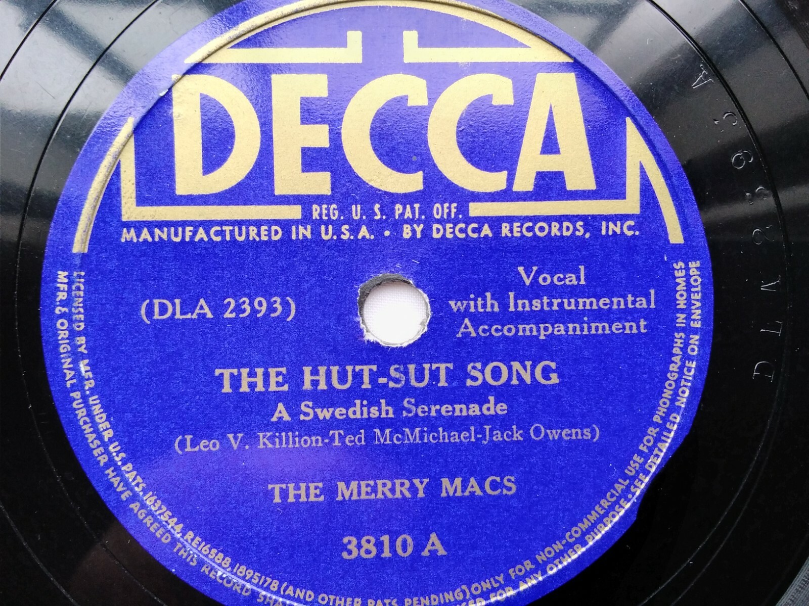 The Merry Macs 78rpm Single 10-inch Decca Records #3810 The Hut-Sut ...