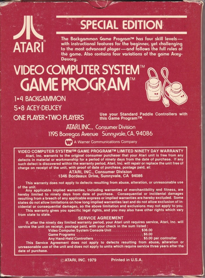 BACKGAMMON Special Edition (1979 Atari 2600) Original Box Only - No ...